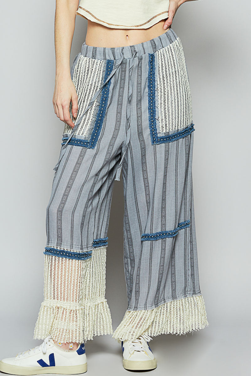 Double Gauze w/ Crochet Patch Wide Leg Pants - MG FASHION
